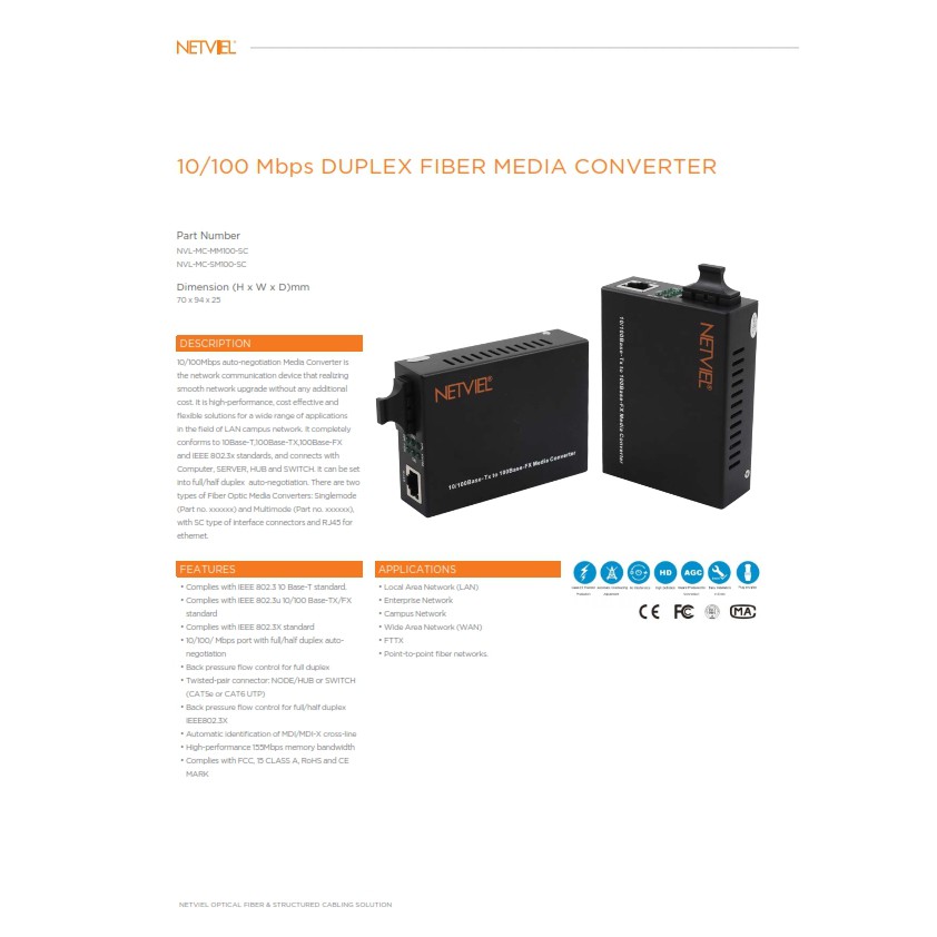 Jual NETVIEL® MEDIA CONVERTER 10/100Tx to 100Fx Multimode 2Km ( SC Type of fiber optic port ...