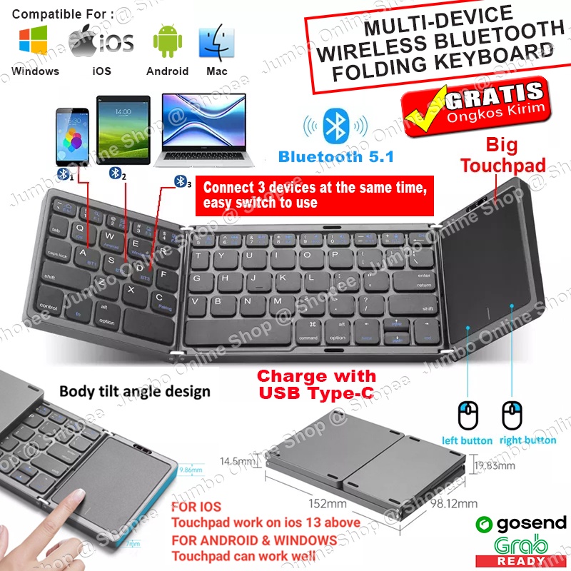 Jual Multi Device Wireless Bluetooth Foldable Keyboard With Touchpad Lipat 3 Keyboard Wireless