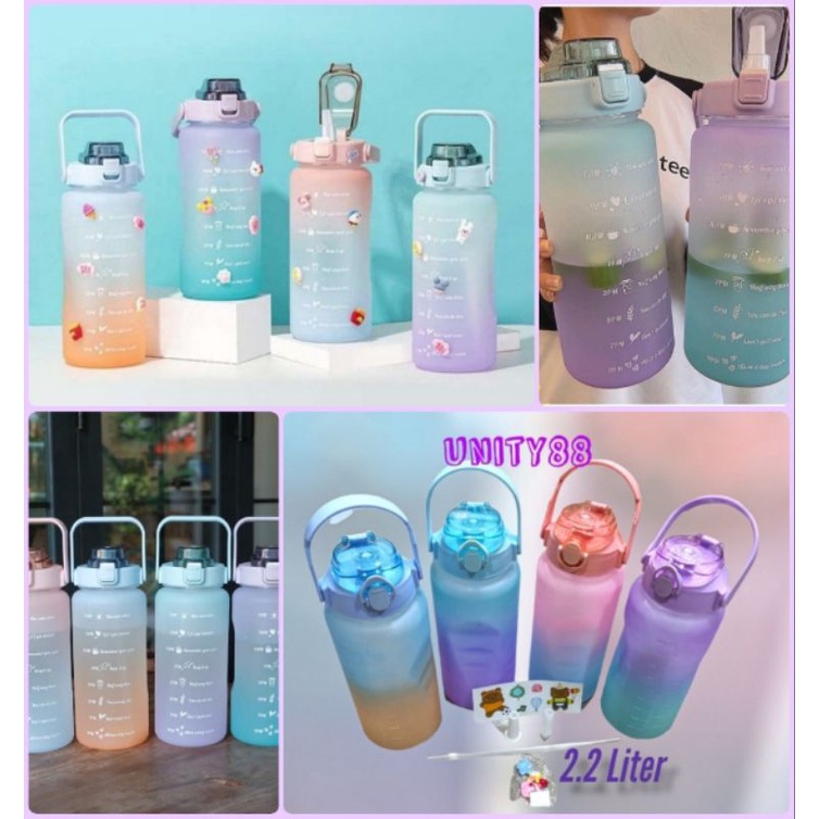 Jual Botol viral 2.2 liter Free Stiker ada sedotan botol minum Gradiasi Warna 2200 ml | Shopee ...