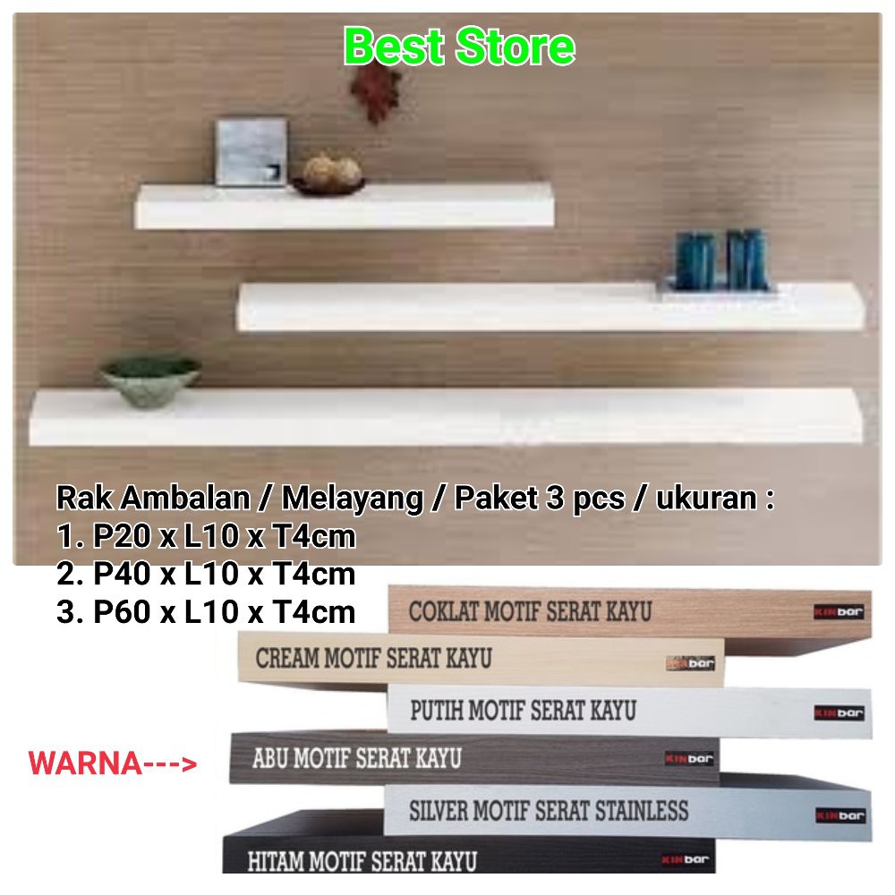 Jual Rak Ambalan Melayang Paket 3 pcs 3 Ukuran 20 40 60cm x 10cm x 4cm ...
