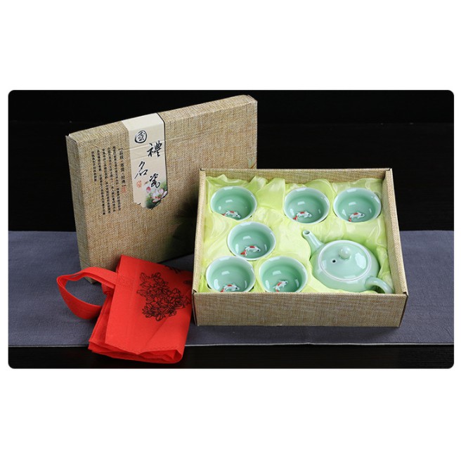 Jual Kungfu Tea Pot Set 7 in 1 motif ikan emas set keramik Gift Pack ...