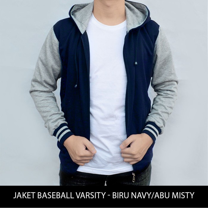 Jual Jaket Polos Baseball Varsity Hoodie Biru Navy Abu Tebal Fashion ...