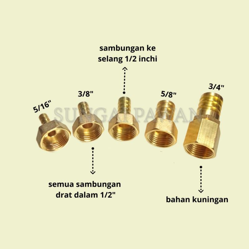 Jual sambungan konektor drat dalam 1/2 inchi ke selang air 5/16 - 3/8 - 1/2 - 5/8 - 3/4 inchi ...
