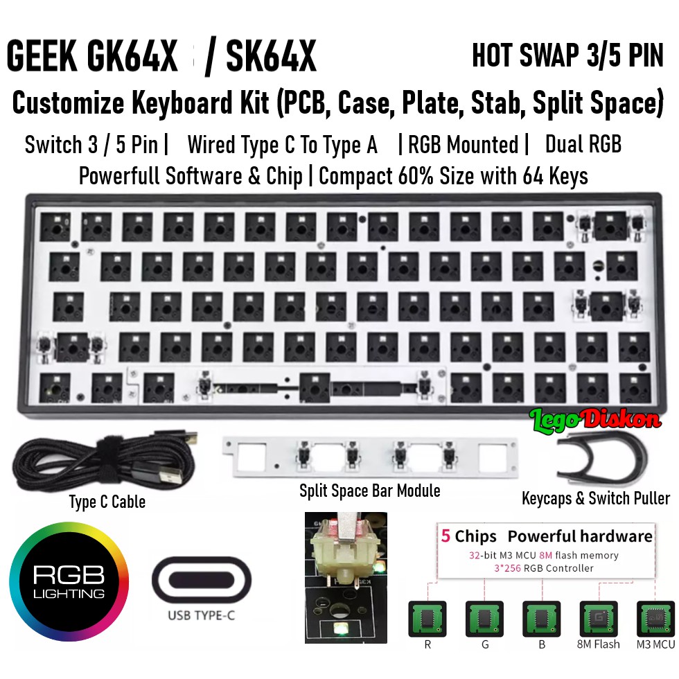 Jual GEEK SkyLoong GK64X GK64XS Mechanical Keyboard Kit Hotswap 3 or 5 Pin RGB | Shopee Indonesia