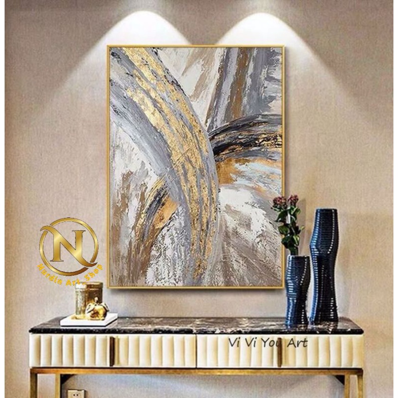 Jual Lukisan Abstrak modern gold 80x120 plus Frame | Shopee Indonesia