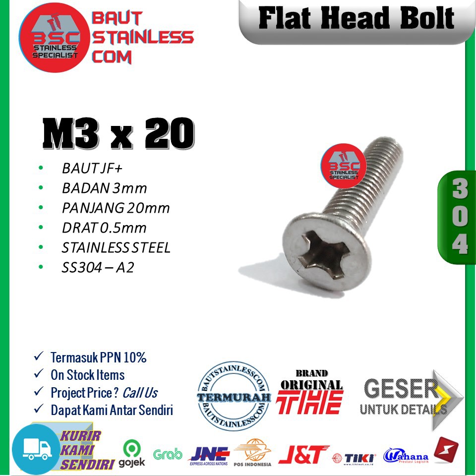 Jual FLAT HEAD BOLT JF+ M3X20 BAUT KEPALA OBENG + STAINLESS SS304 A2 ...