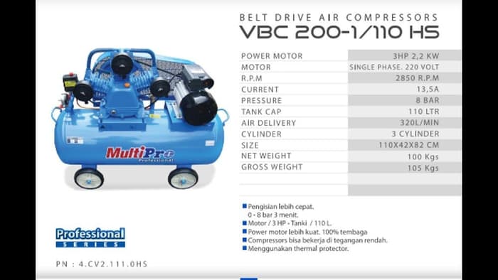 Jual Kompresor MultiPro VBC 200-1-110 HS Belt Drive Air Compressors 2HP ...
