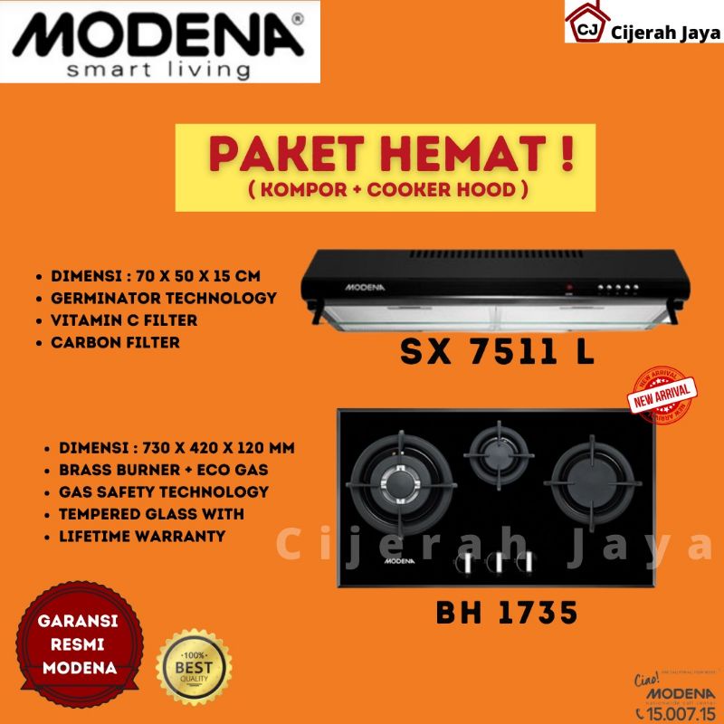 Jual PAKET MODENA KOMPOR TANAM GAS 3 TUNGKU BH 1735 + COOKER HOOD SX 7511 L | Shopee Indonesia