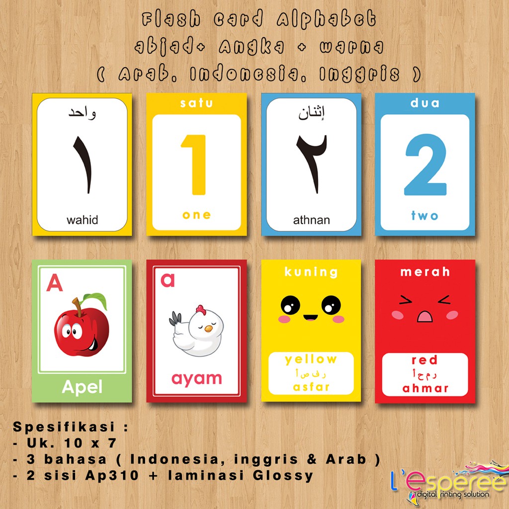 Jual Kartu Belajar / Flash Card Angka, Huruf dan Warna 3 bahasa ( Arab ...