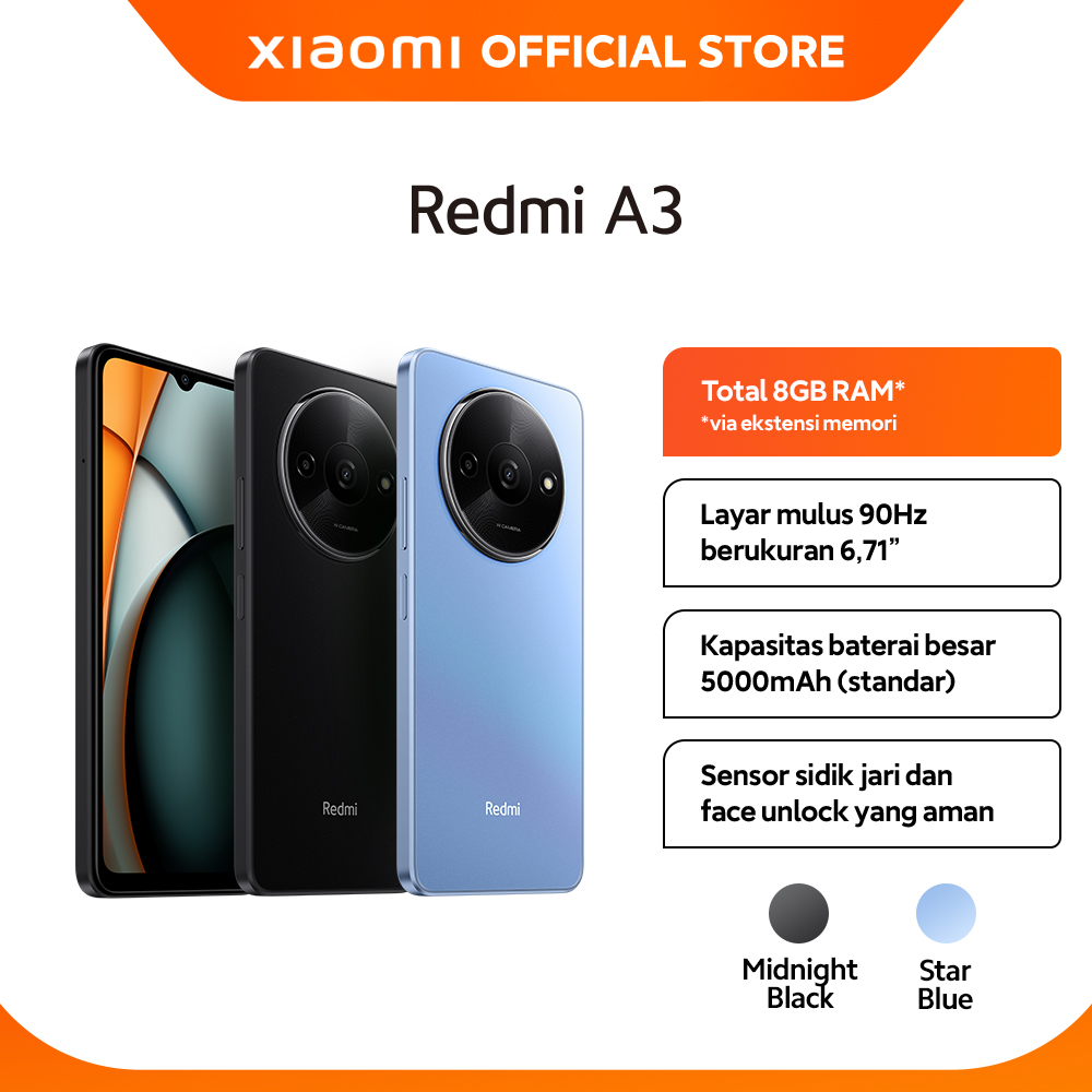 Jual Xiaomi Redmi A3 (4GB/128GB) | Layar Muluz 90 Hz | Sensor Sidik Jari & Face Unlock | Desain ...