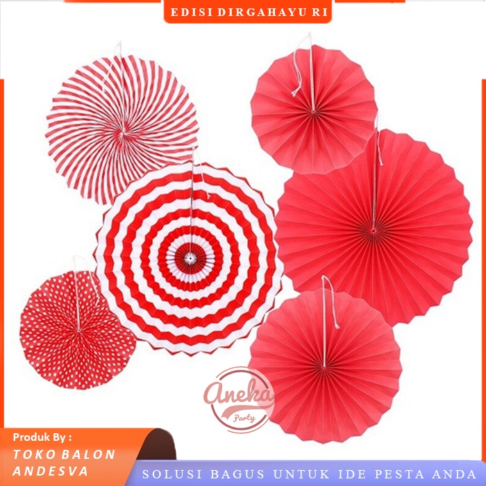 Jual paper fan merah putih / paper flower isi 6 / dekorasi pesta ...