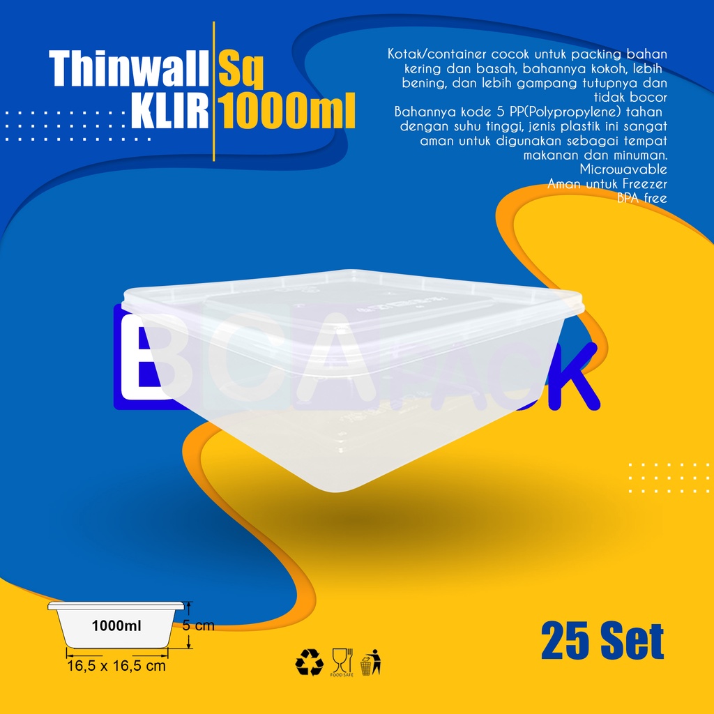 Jual Thinwall KLIR 1000 ml SQUARE - ANTI PECAH - Kotak makan - 25 PCS ...