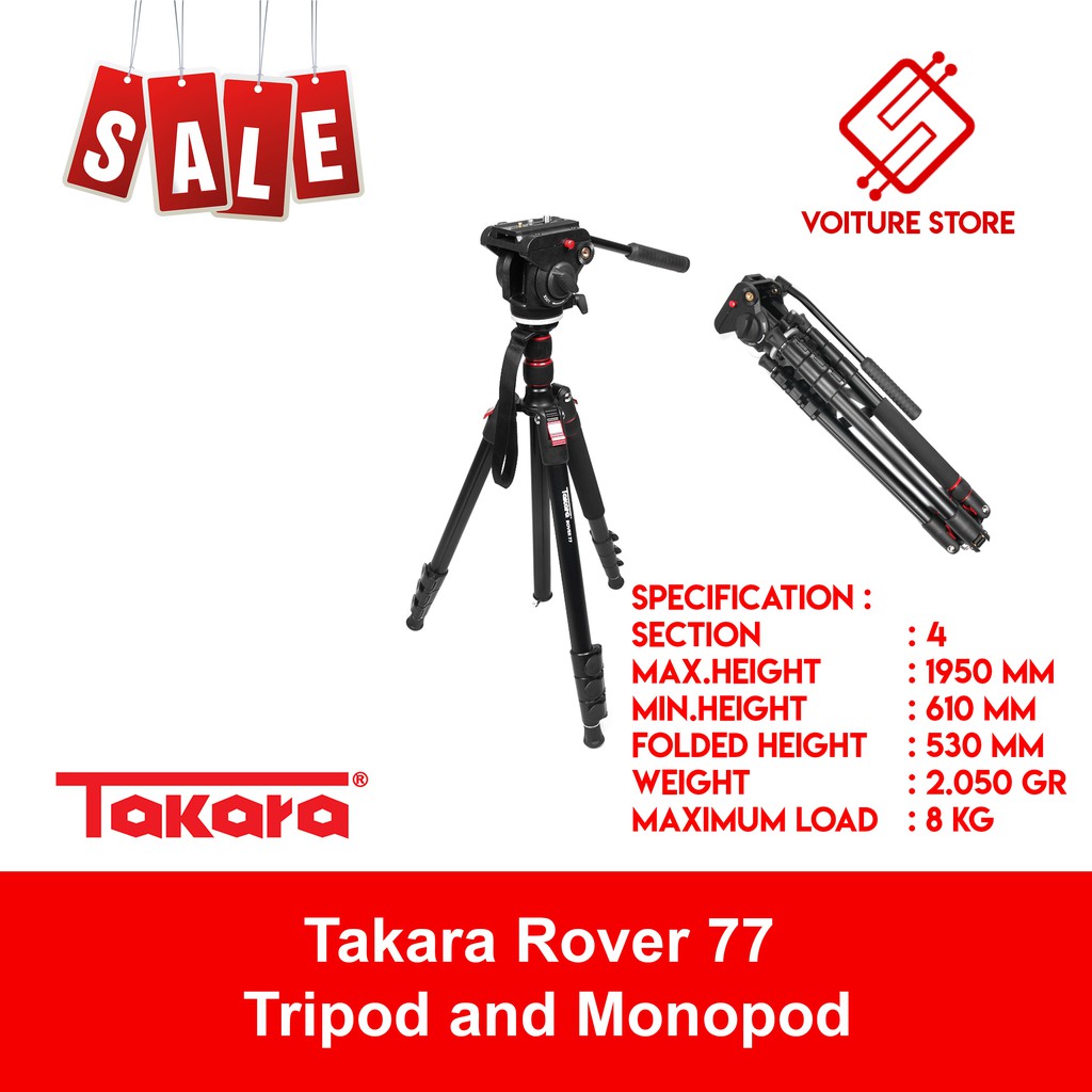 Jual Takara Rover 77 Fluid Head Compact 2 in 1 Traveller Tripod Monopod ...