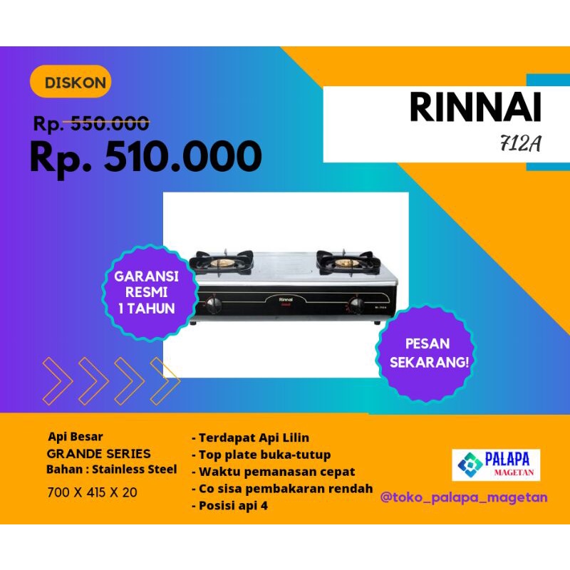 Jual KOMPOR GAS RINNAI RI 712A (2 Tungku) (Garansi Resmi) | Shopee ...