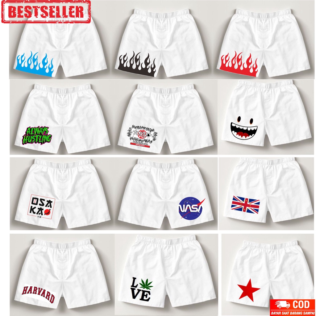 Jual boarshort/boxer/pria/wanita/unisex/putih motif api red blue black ...