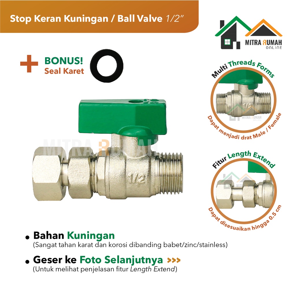Jual Stop Keran Kuningan 1/2" / Ball Valve / Ballvalve Pipa Male Female | Shopee Indonesia