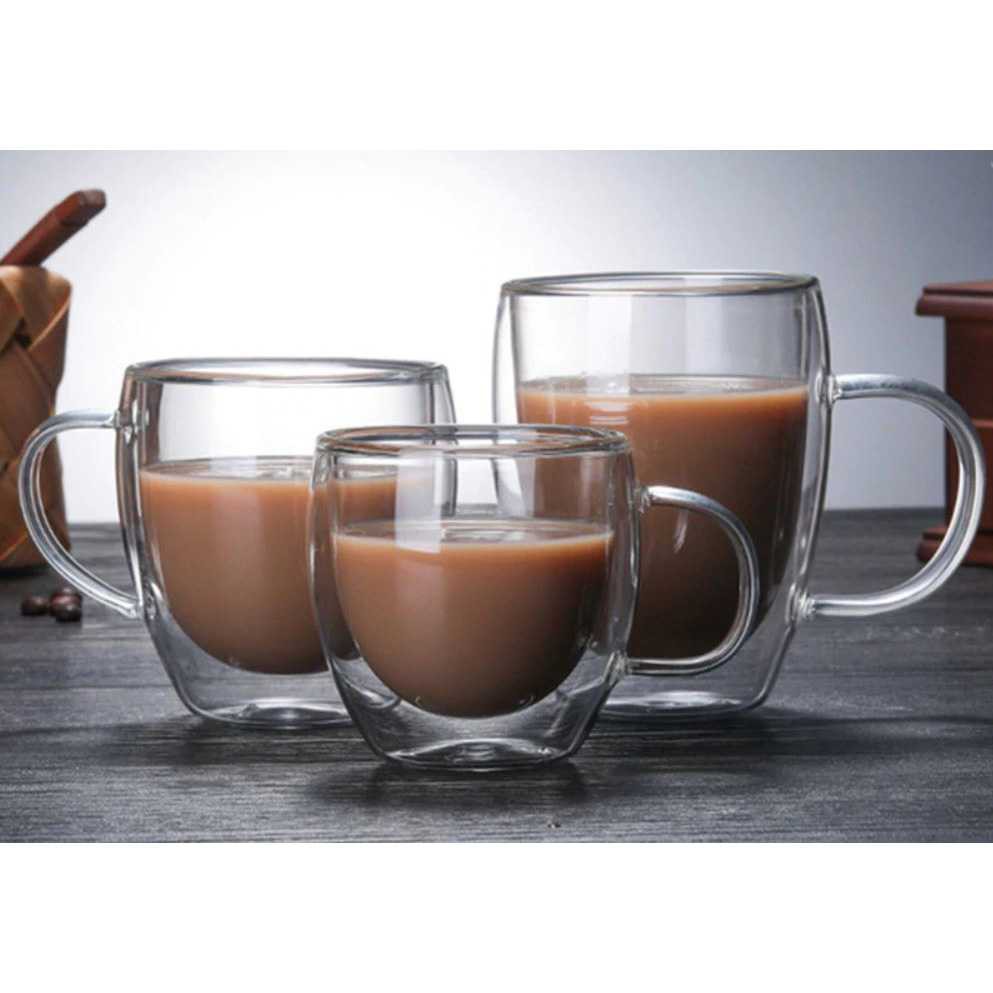 Jual Gelas Kaca Bening Gagang / Gelas Kopi Cangkir Unik Double Layer Double Wall | Shopee Indonesia