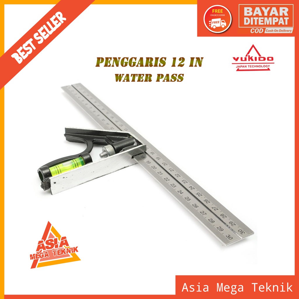 Jual Penggaris Tukang + Water Pas 12Inch kombinasi Square Ruler Sudut ...