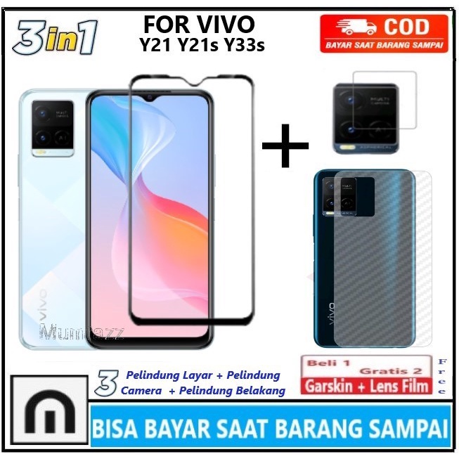 Jual Promo Paket 3in1 Tempered Glass Vivo Y21 Y21a Y21e Y21G Y21s Y21T Y33s Y33T Full Cover Anti ...