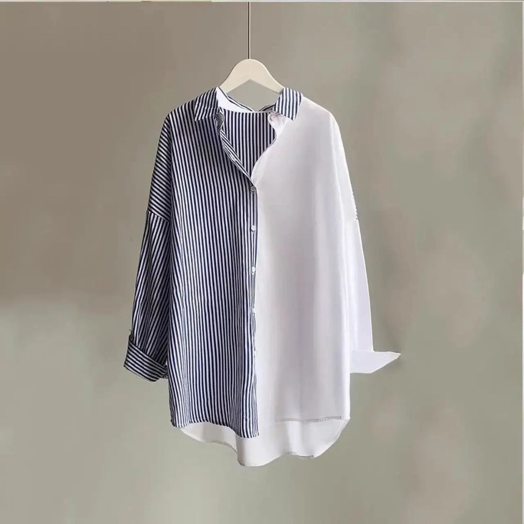 Jual Uragi Stripe Blouse / KEmeja Oversize Polos Salur Lengan Panjang Wanita CAsual Shirt BM0C ...