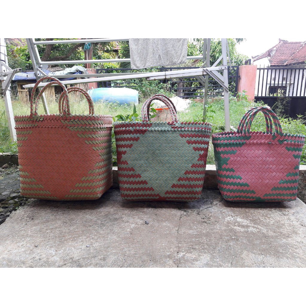 Jual tas belanja anyaman model lurik/ tutup bahan tebal/kaku (bisa ...