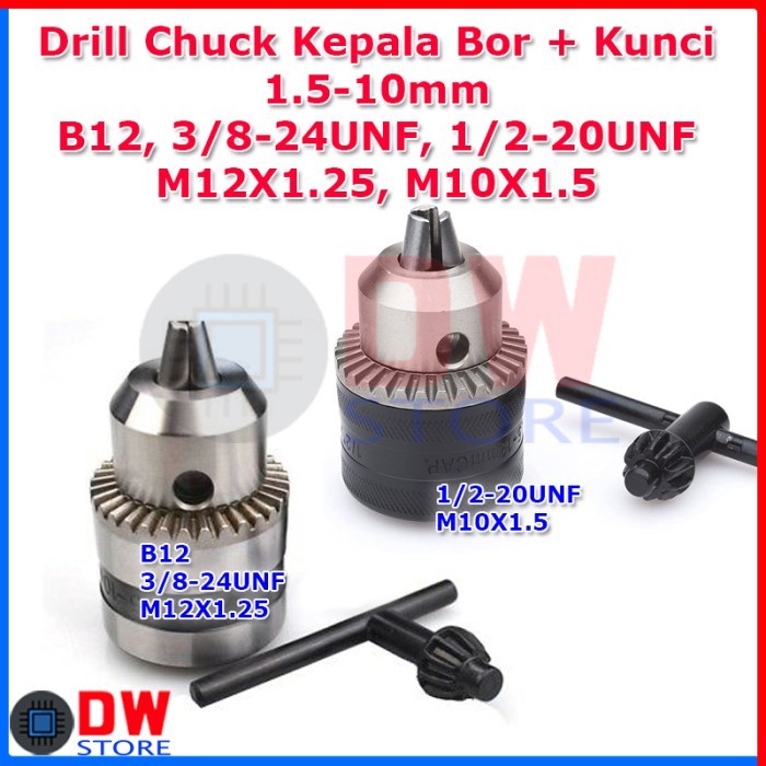 Jual Drill Chuck Kepala Bor 10mm + Kunci 1.5-10mm 1/2-20UNF M10X1.5 ...