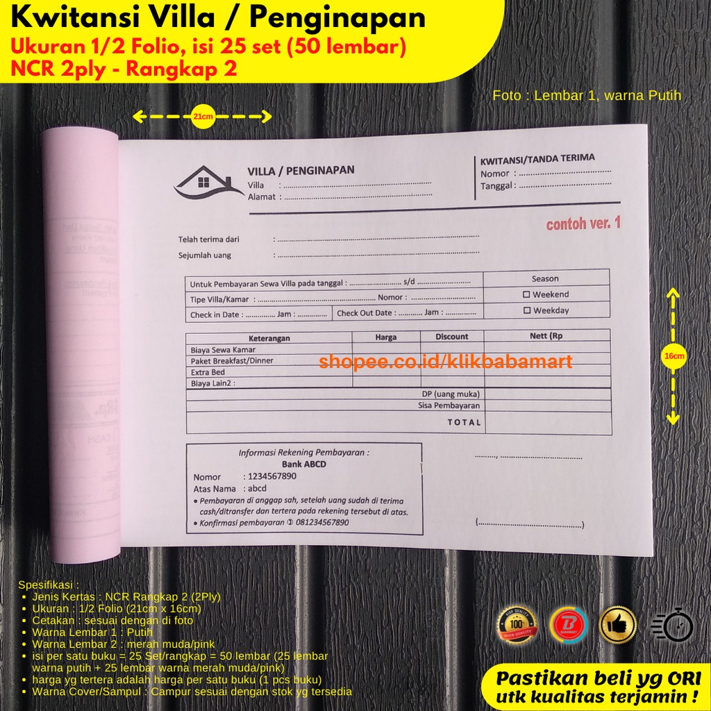 Jual CETAK KWITANSI NCR 1/2 FOLIO RANGKAP 2 CUSTOM | Shopee Indonesia
