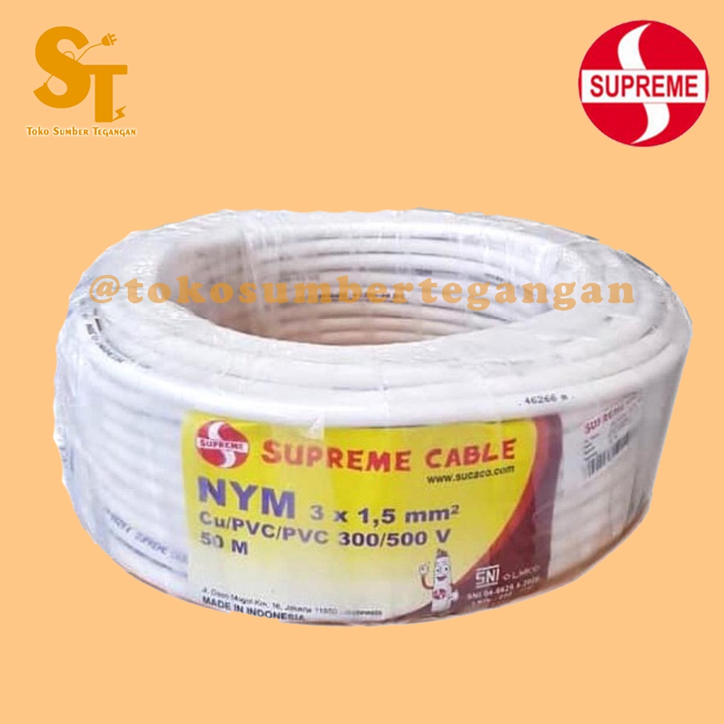 Jual Kabel NYM Supreme 3X1,5 mm / 3X1.5mm 50 m / 50 Meter Kawat Tunggal Kulit Putih / White 1 ...