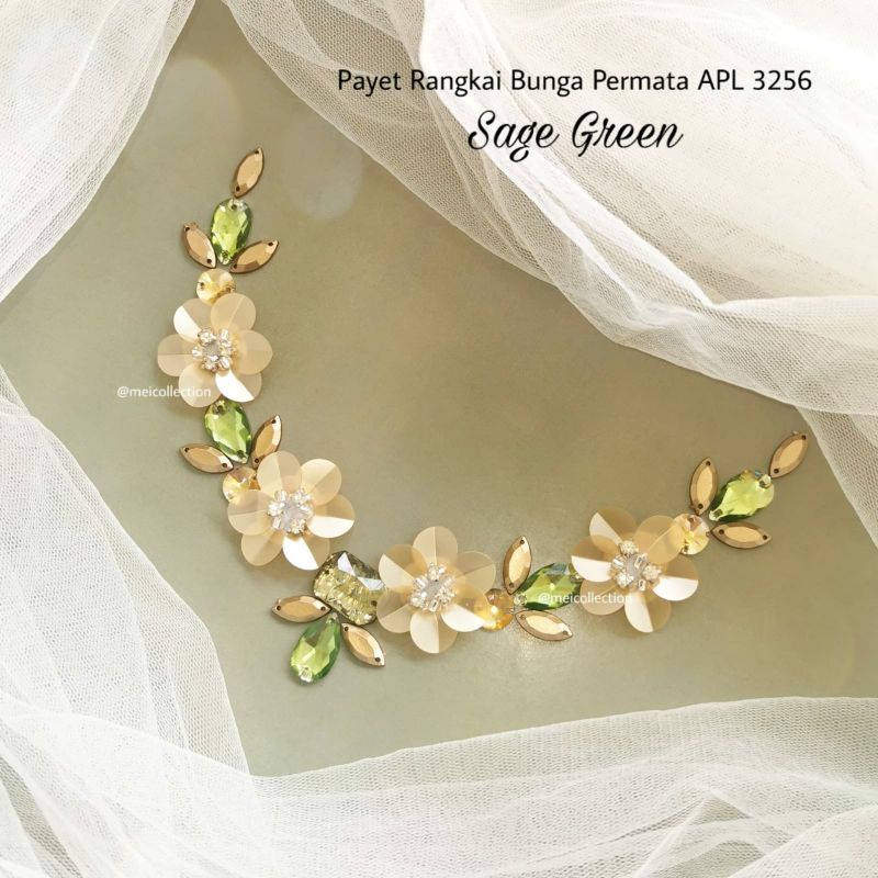 Jual Payet leher permata bunga 3D APL 3256 warna Sage green dress pesta aplikasi Payet rangkai ...