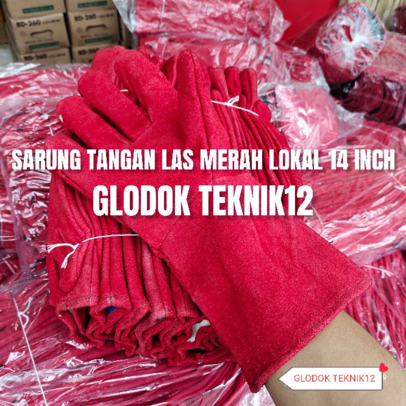 Jual SARUNG TANGAN LAS MERAH LOKAL 14 INCH / SARUNG TANGAN LAS KULIT ...