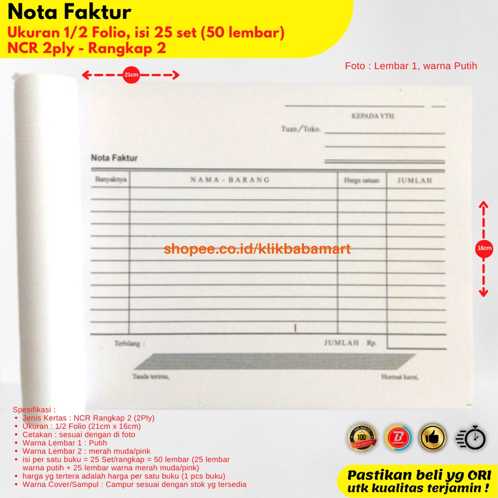 Jual NOTA FAKTUR 1/2 FOLIO RANGKAP 2 PLY PUTIH MERAH | Shopee Indonesia