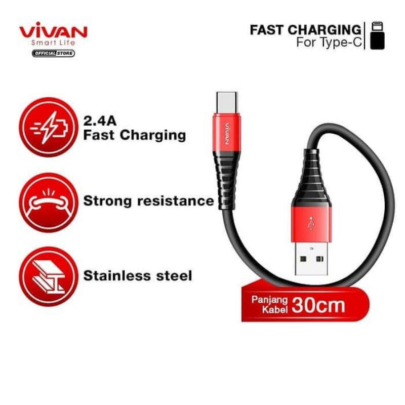 Jual VIVAN Kabel Data SC30 Data Cable Fast Charging 2A tipe C USB 30CM ...