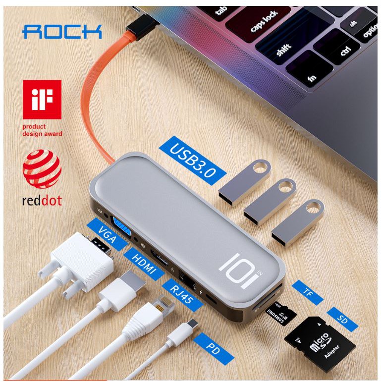 Jual ROCK 10 IN 1 HUB TYPE C TO MULTI USB 3.0 HDMI VGA RJ45 ADAPTER ...