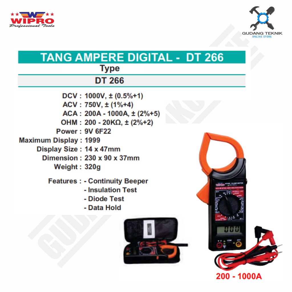 Jual TANG AMPERE DIGITAL WIPRO DT-266 / Alat Ukur Arus Listrik Digital Clamp 200-1000 A WIPRO DT ...
