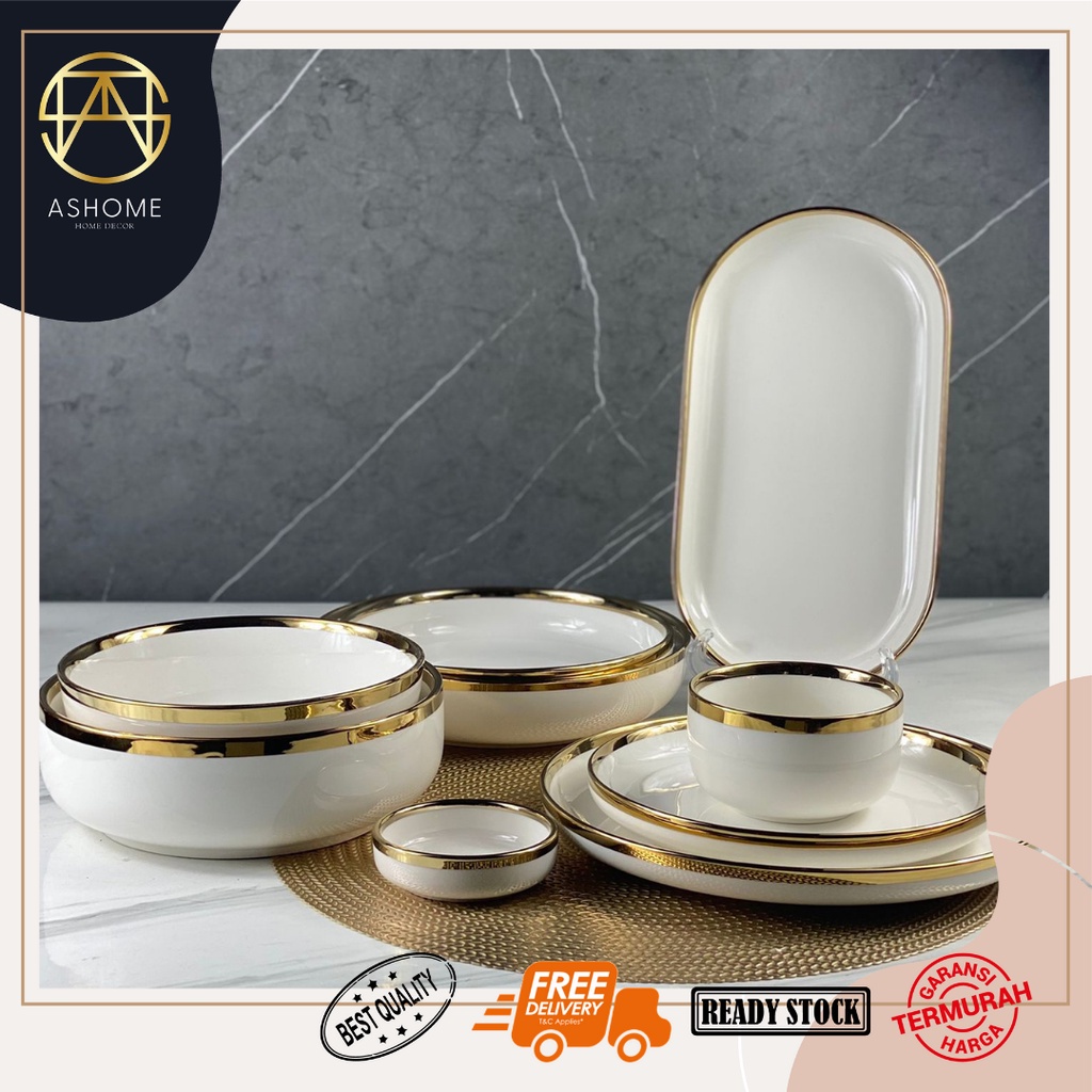 Jual ASHOME Piring Set Lengkap Warna Putih Gold isi 10 Pcs / Piring Set ...