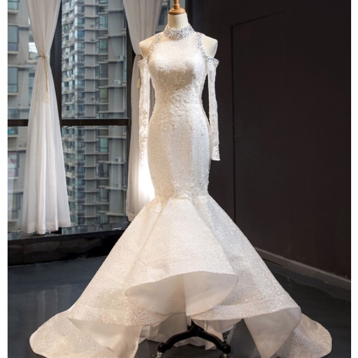 Jual Gaun Pernikahan High Neck Mermaid Long Sleeves Long Tail Beaded Egpt Weddingdress Off White