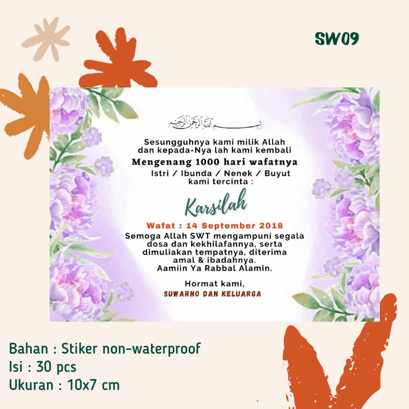 Jual Stiker mengenang Tahlilan / Pengajian 7 / 40 /100 /1000 hari wafat ...