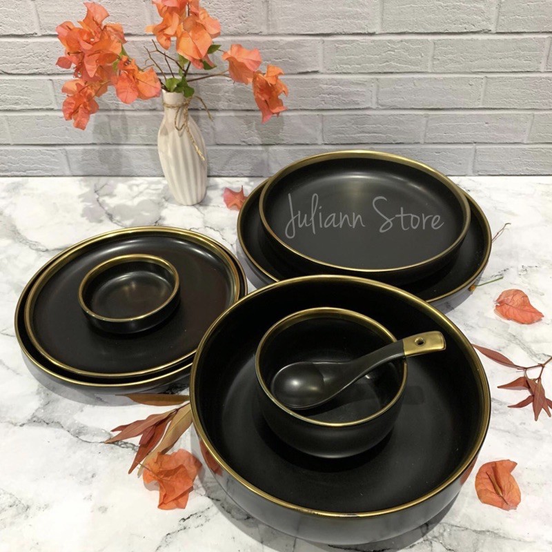 Jual PIRING MANGKOK SENDOK KERAMIK CANTIK HITAM / PUTIH | Shopee Indonesia