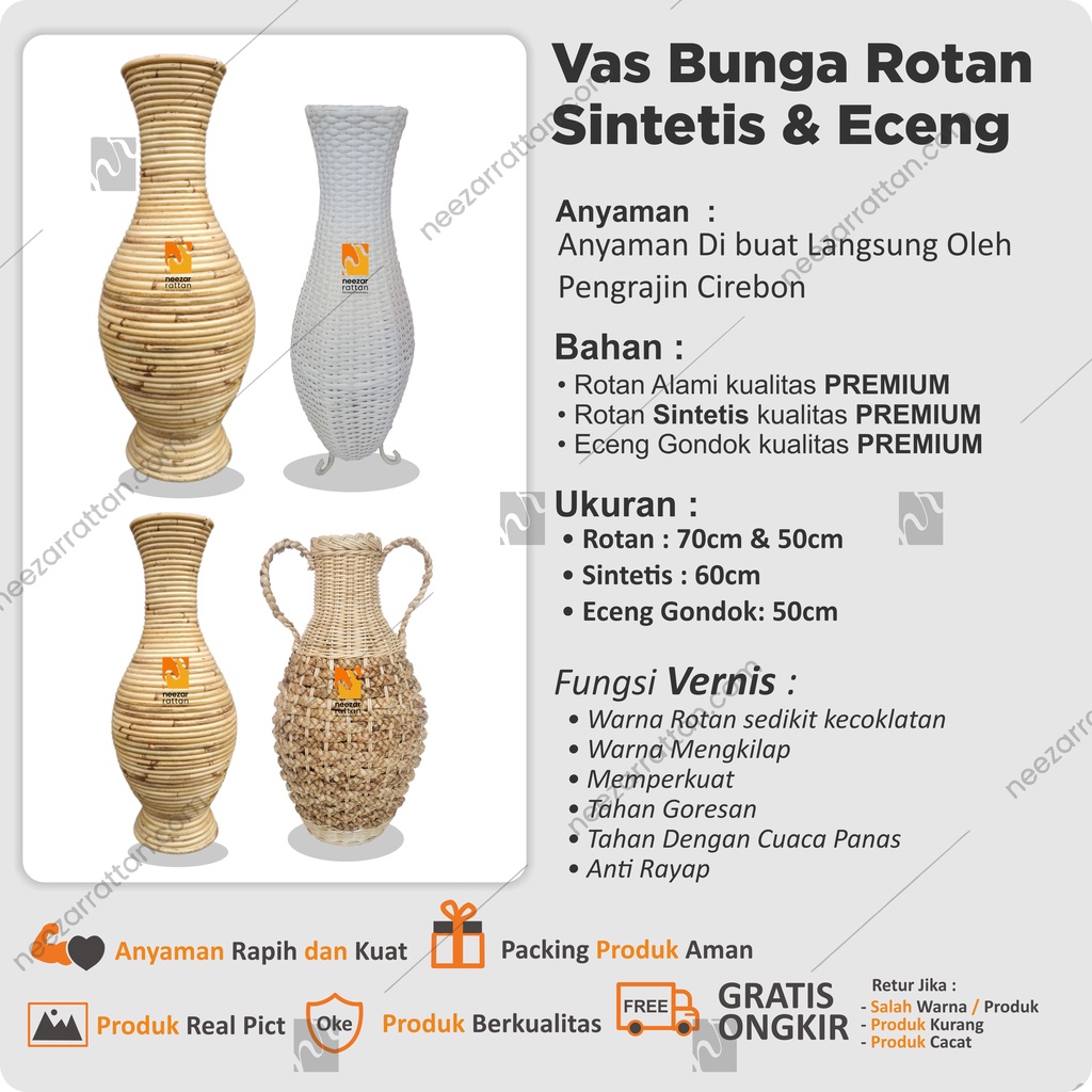 Jual Vas Guci Pot Bunga Tempat Bunga Unik Rotan 50 cm & 70 cm Sintetis ...
