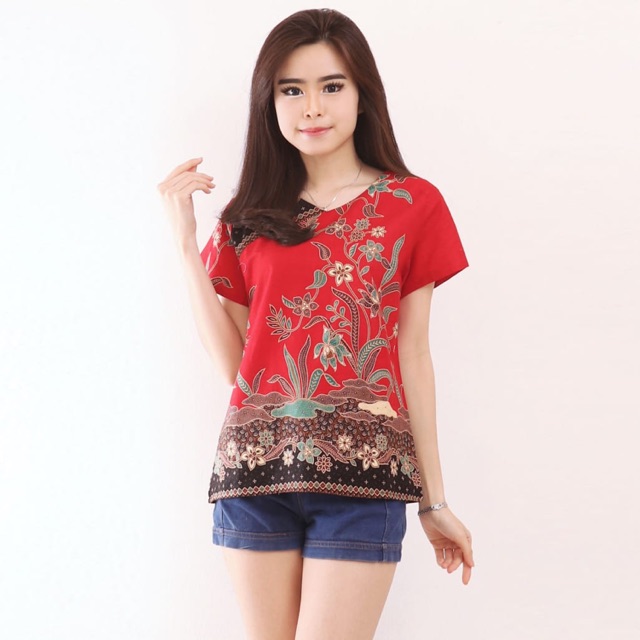 Jual Atasan Batik Titi / Blouse Wanita Warna Merah Motif Bunga Dan Daun ...
