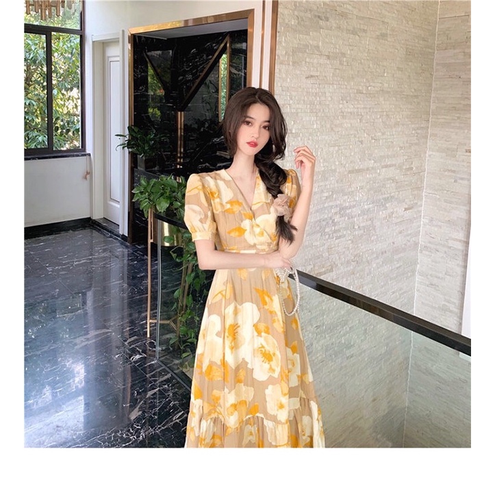 Jual LuvHanger Dress Wanita Bunga Midi Dress Model Lengan Pendek V Neck ...