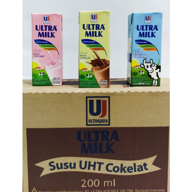 Jual susu kotak uht ultra milk 200 ml rasa strowberi - coklat - full cream | Shopee Indonesia