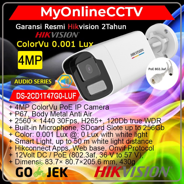 Jual DS-2CD1T47G0-LUF Hikvision IP Cam PoE CCTV 4MP ColorVu Audio LED ...