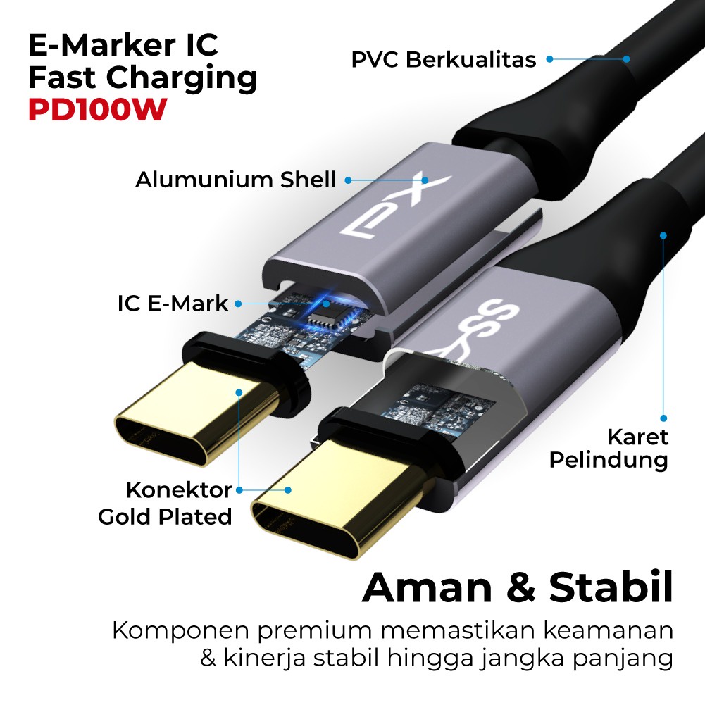 Jual PX UCC3-2B Kabel Data USB Type C To Type C Fast Charging 100W 2M | Shopee Indonesia