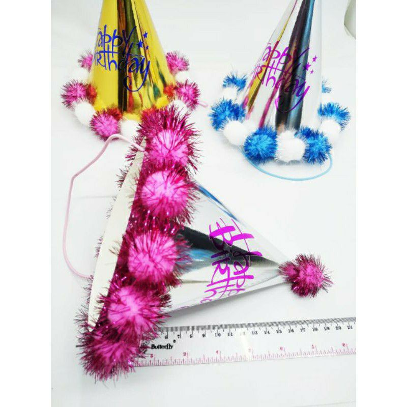 Jual TOPI ULANG TAHUN KERUCUT HBD POMPOM GLOSSY 43 / TOPI HAPPY ...