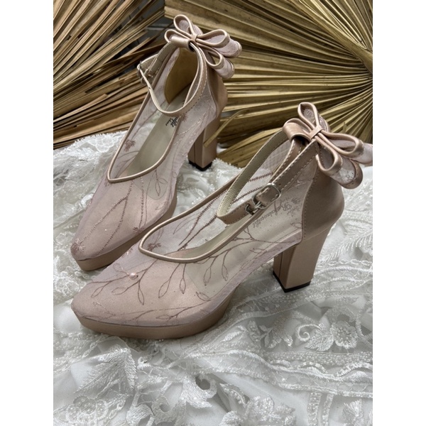 Jual sepatu pesta wedding vilia rosegold tali pita 9cm platform ...