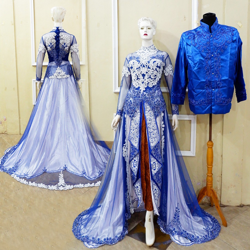 Jual Kebaya Pengantin Akad Resepsi Modern Set Biru Putih | Shopee Indonesia