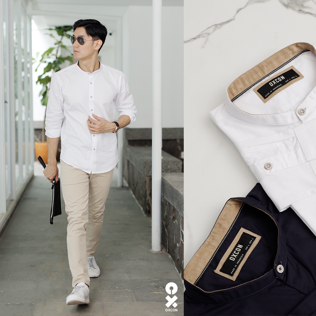 Jual Kemeja koko collarless pria Suede OXCON black navy white green ...