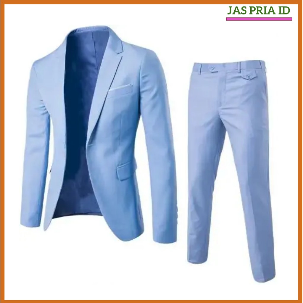 Jual SETELAN JAS 2IN1 JAS PERNGANTIN JAS KERJA / SETELAN JAS BIRU MUDA ...