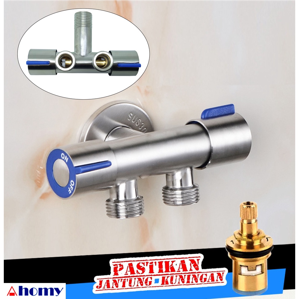 Jual stop kran 304 cabang 2 handle 2 hzw strip biru ½” 2C2H jantung ...